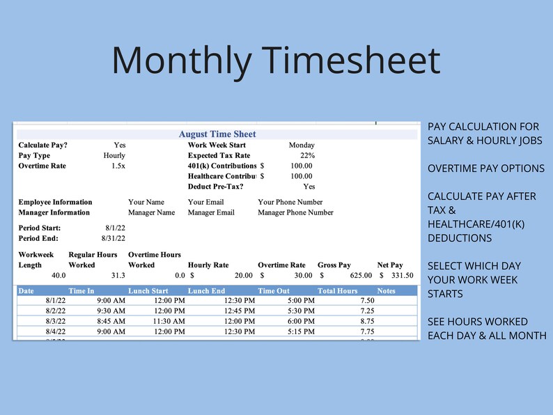 Enhanced Monthly Timesheet Template for Microsoft Excel & Google Sheets ...