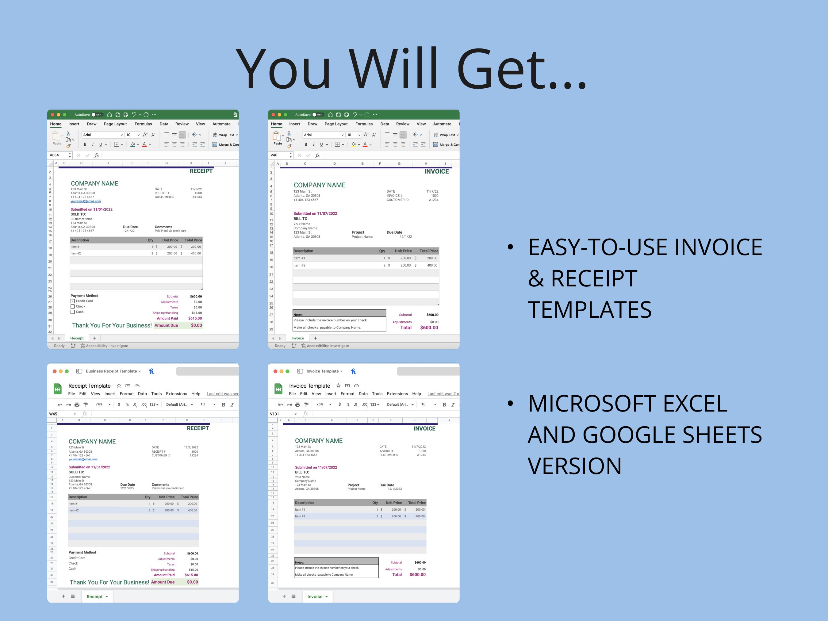 Invoice & Receipt Templates for Microsoft Excel/google Sheets ...