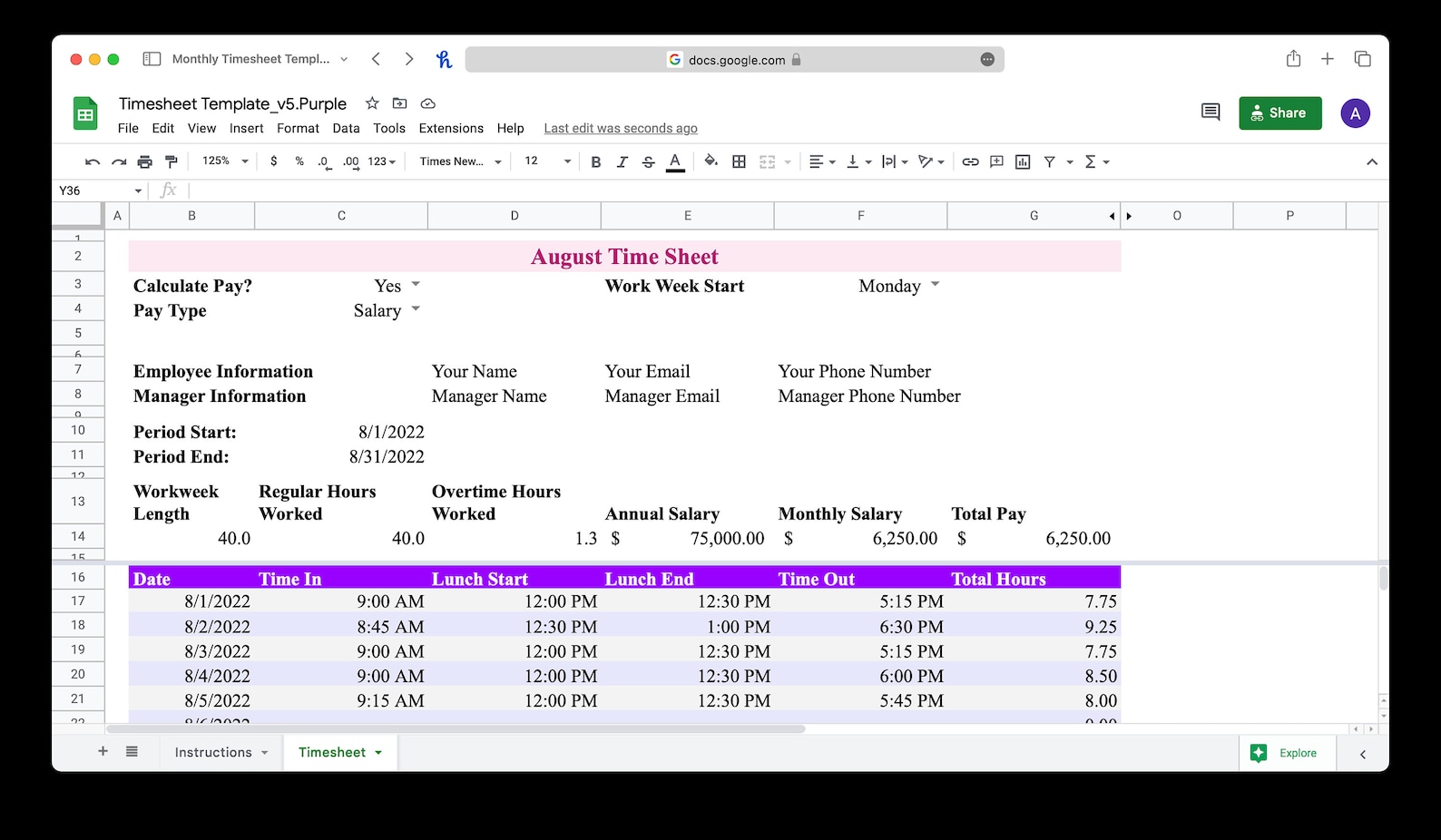 Monthly Timesheet Template for Microsoft Excel & Google Sheets (pink ...