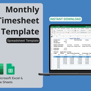 Monthly Timesheet Template for Microsoft Excel & Google Sheets (blue ...