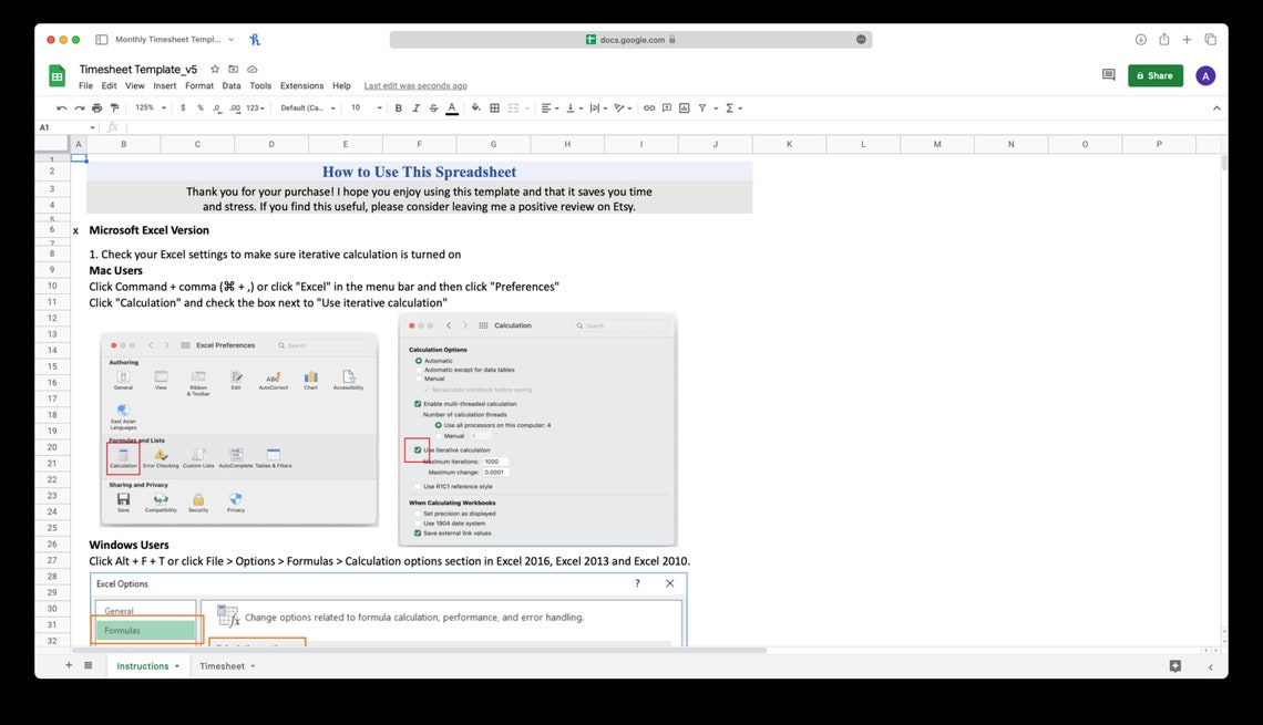 Enhanced Monthly Timesheet Template for Microsoft Excel & - Etsy