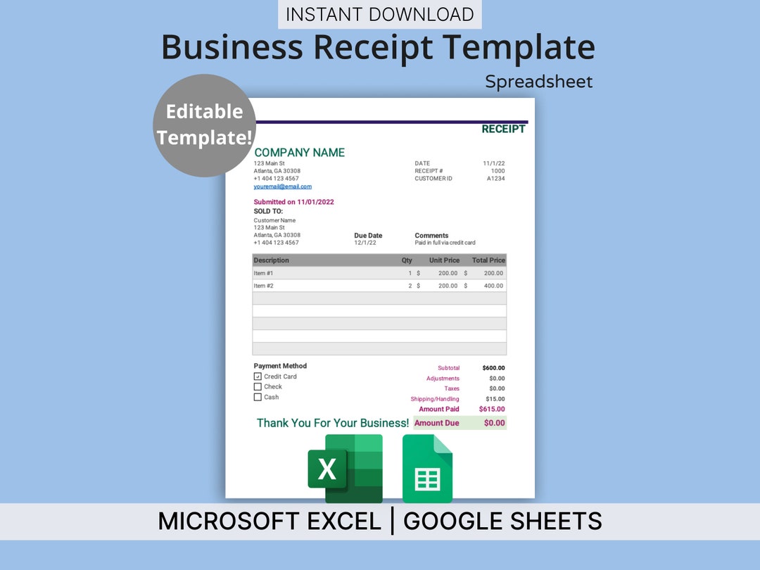 Business Receipt Template for Microsoft Excel & Google Sheets (green ...