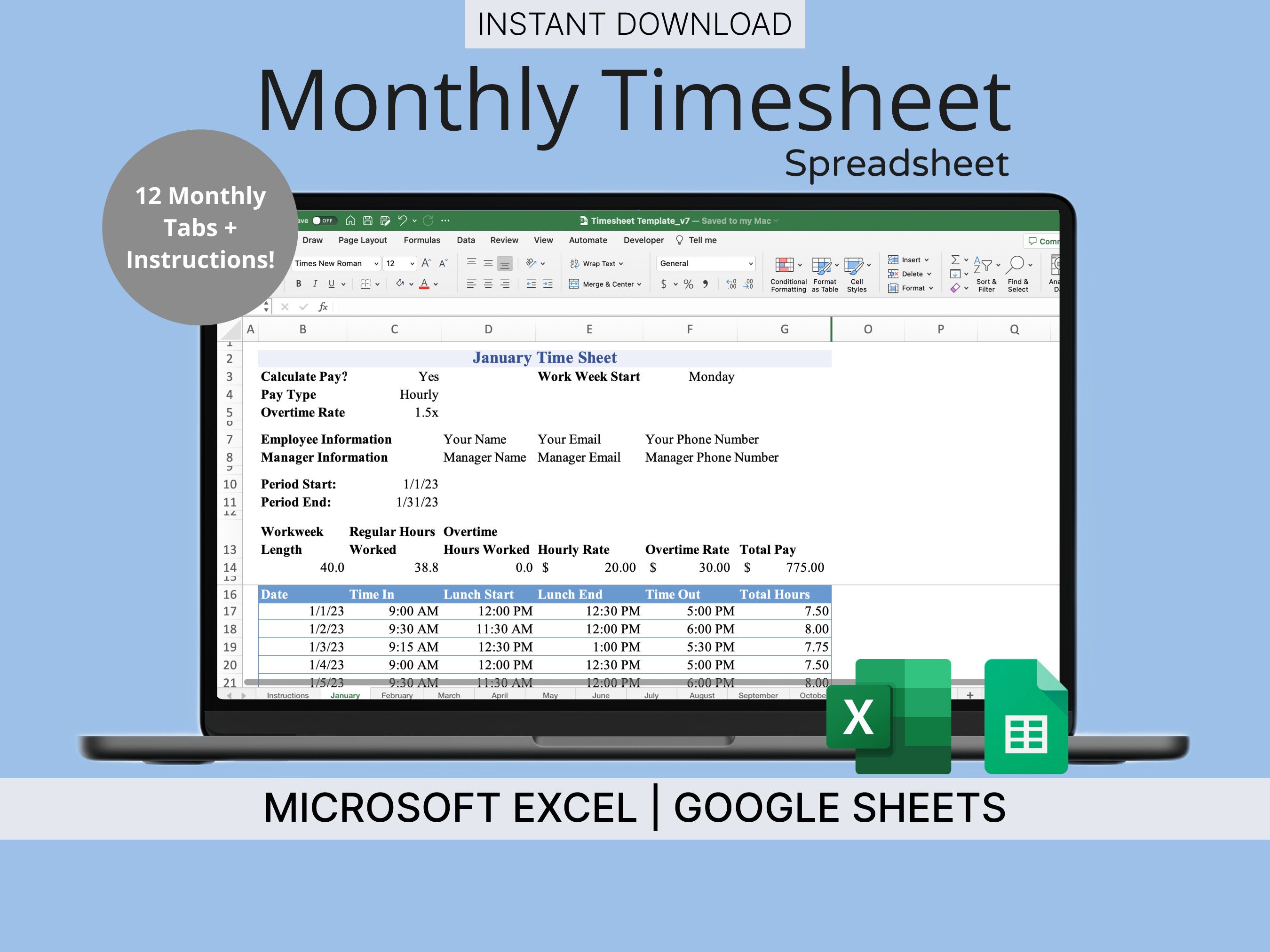 Monthly Timesheet Template for Microsoft Excel & Google Sheets blue 12 ...