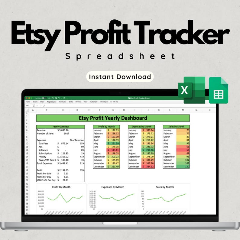 Etsy Profit Tracker Spreadsheet - Microsoft Excel & Google Sheets ...