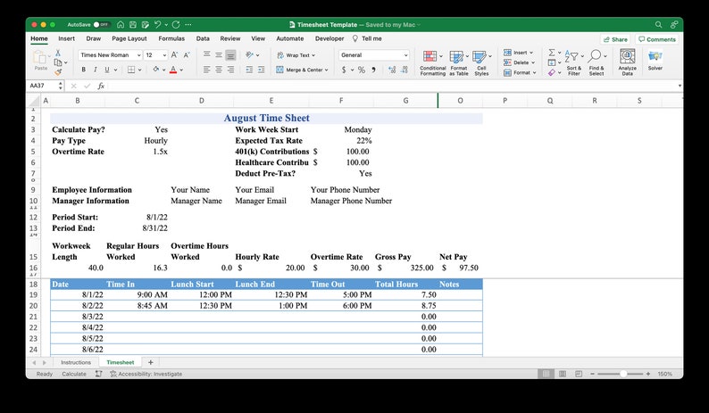 Enhanced Monthly Timesheet Template for Microsoft Excel & Google Sheets ...