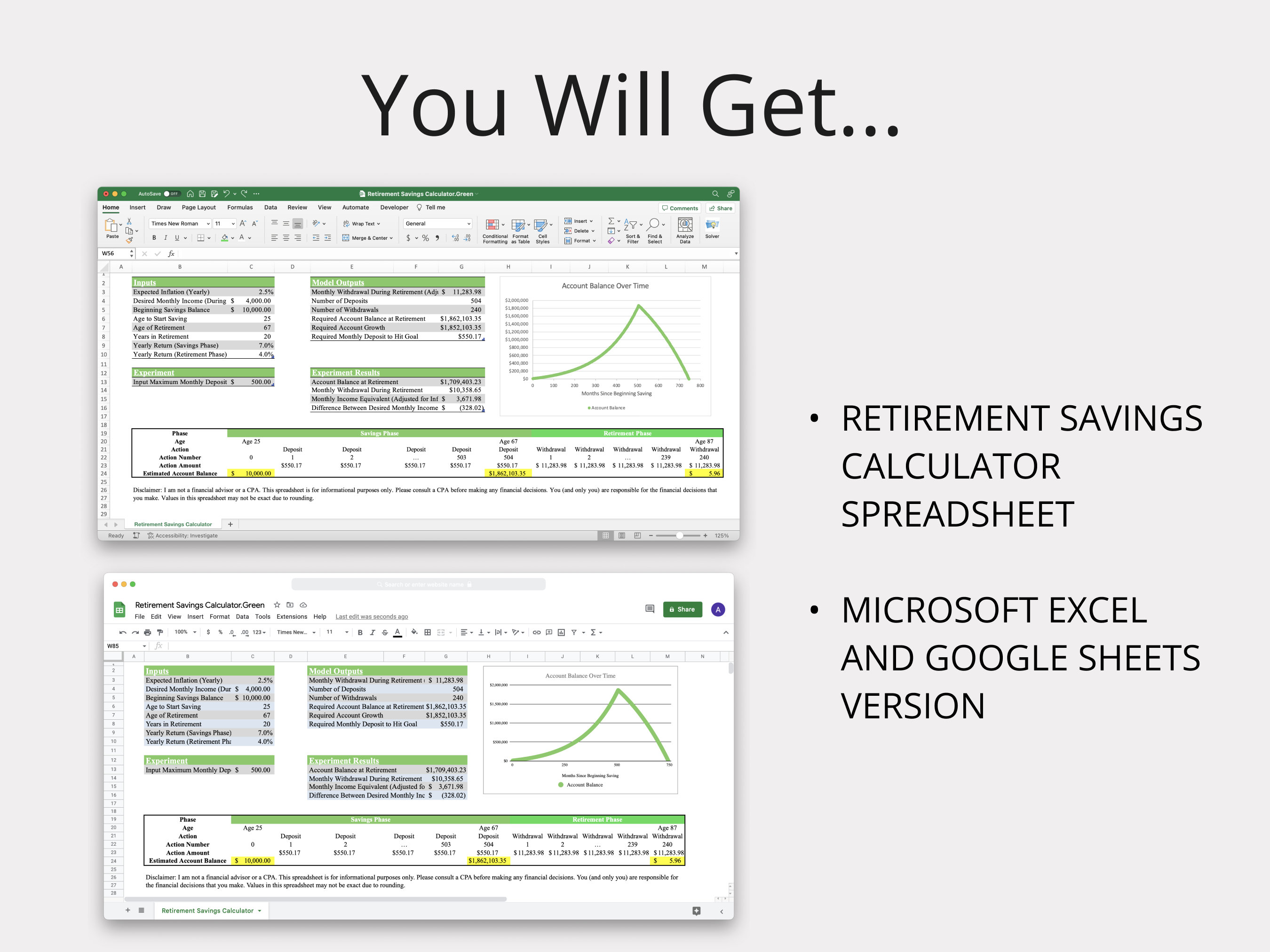Retirement Calculator for Microsoft Excel & Google Sheets (green ...
