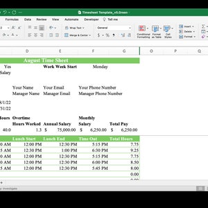Monthly Timesheet Template for Microsoft Excel & Google Sheets (green ...