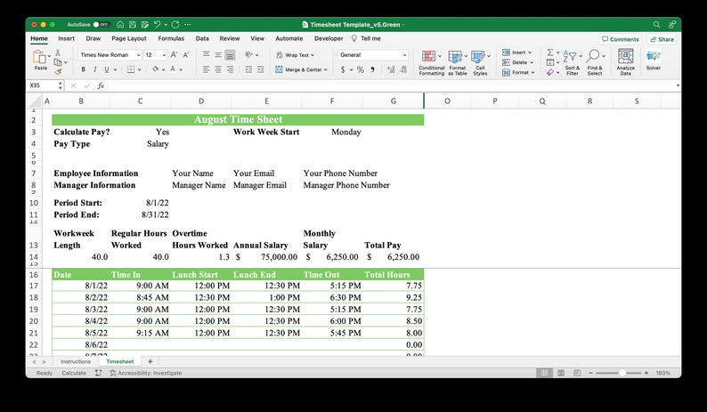 Monthly Timesheet Template for Microsoft Excel & Google Sheets (green ...