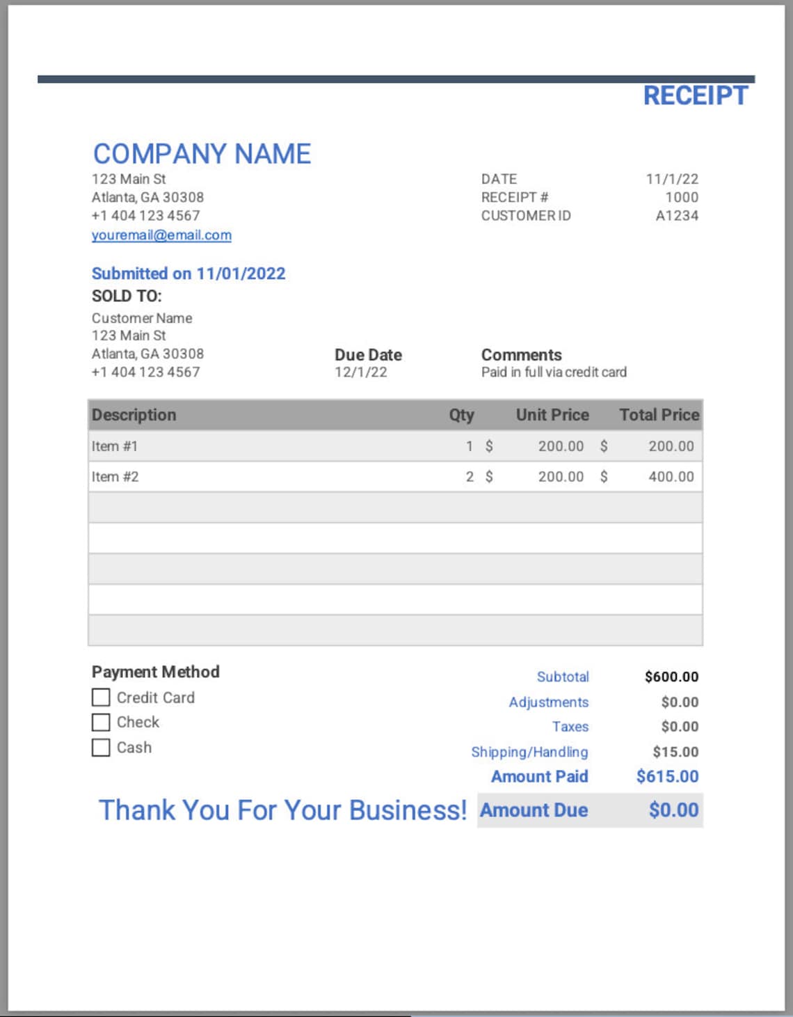 Business Receipt Template for Microsoft Excel & Google Sheets blue Easy ...
