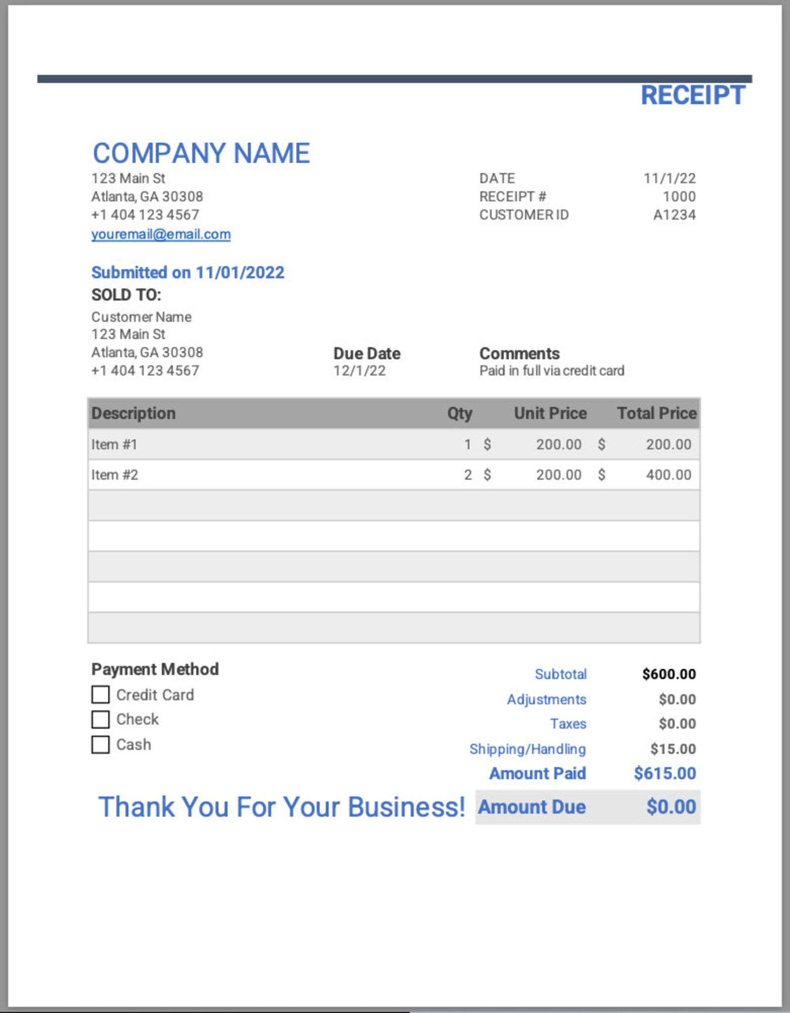 Business Receipt Template for Microsoft Excel & Google Sheets blue Easy ...