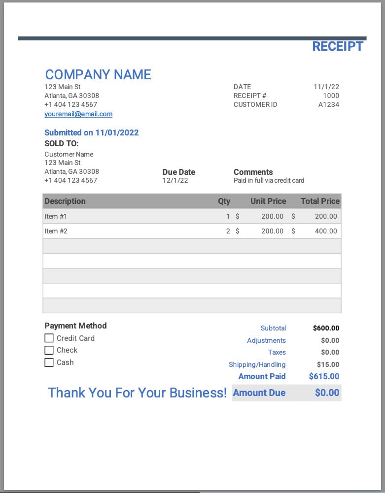 Business Receipt Template for Microsoft Excel & Google Sheets (blue ...