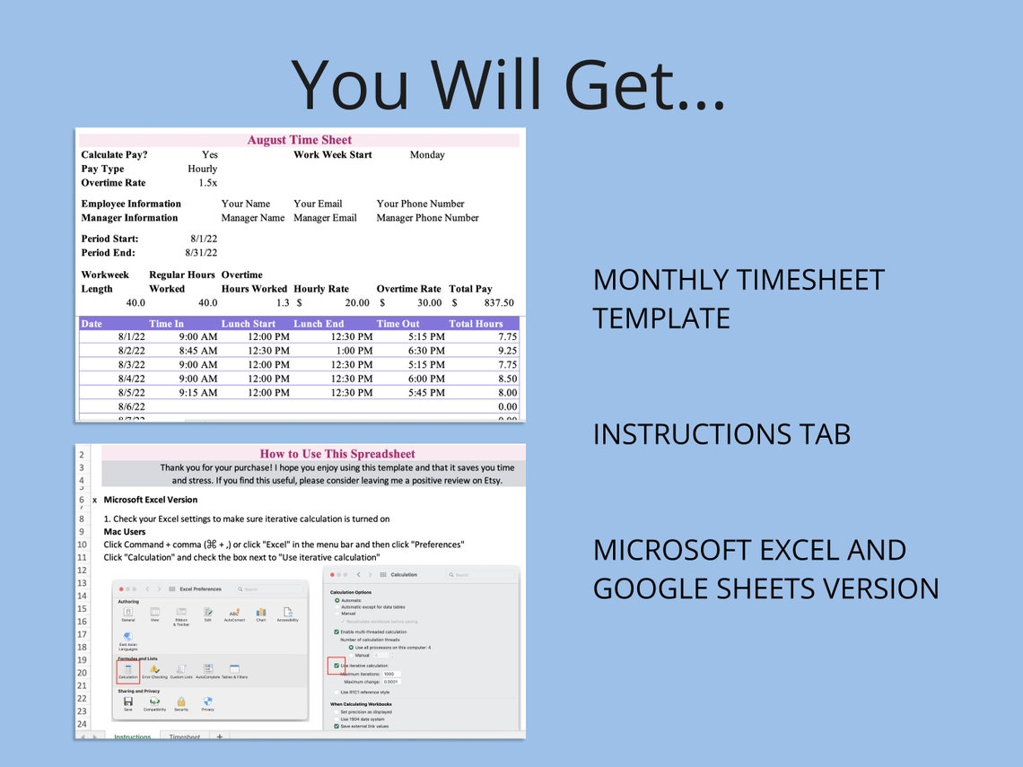 Monthly Timesheet Template for Microsoft Excel & Google Sheets (pink ...