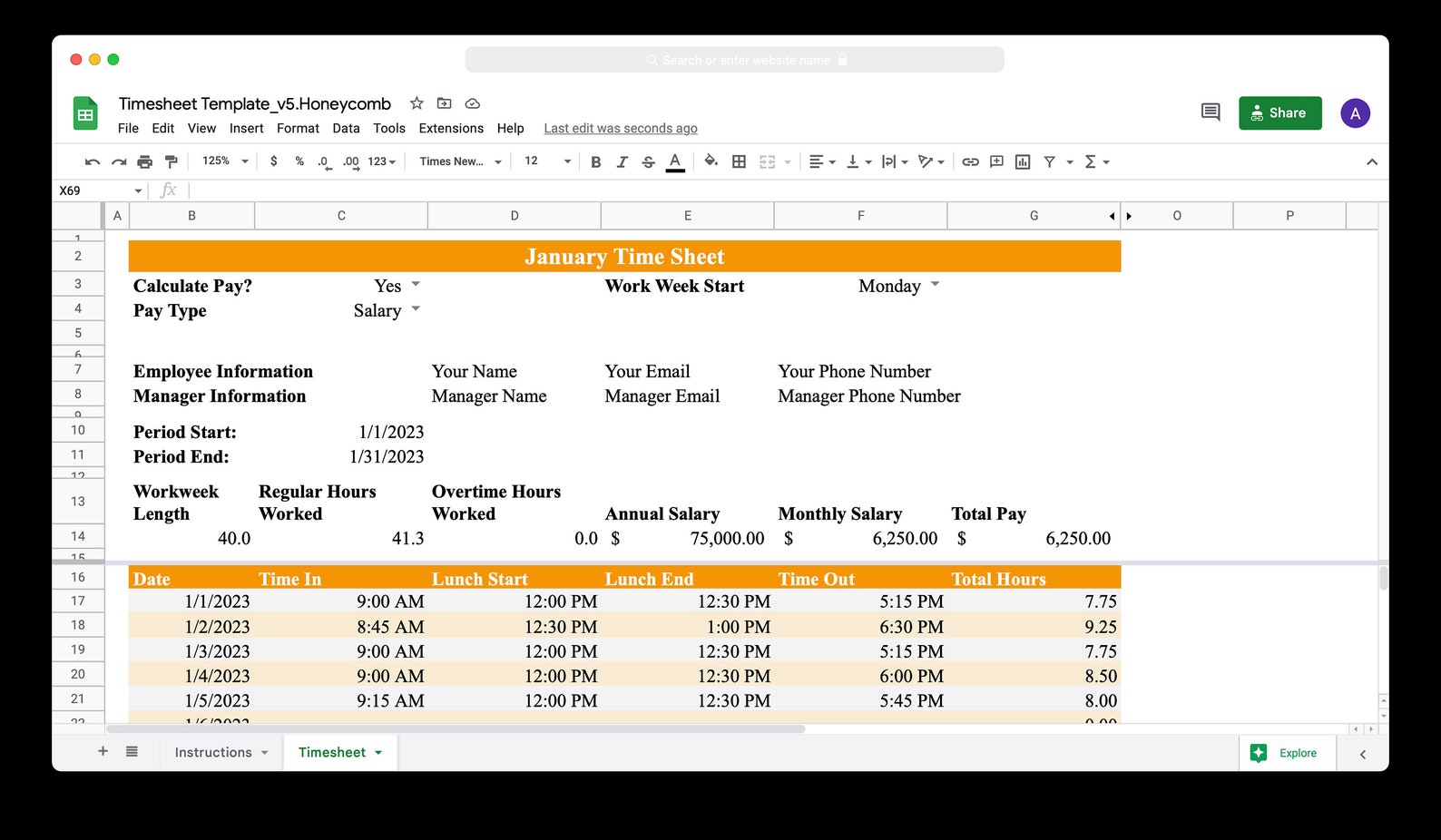 Monthly Timesheet Template for Microsoft Excel & Google Sheets orange Track Hours Worked Dynamic ...