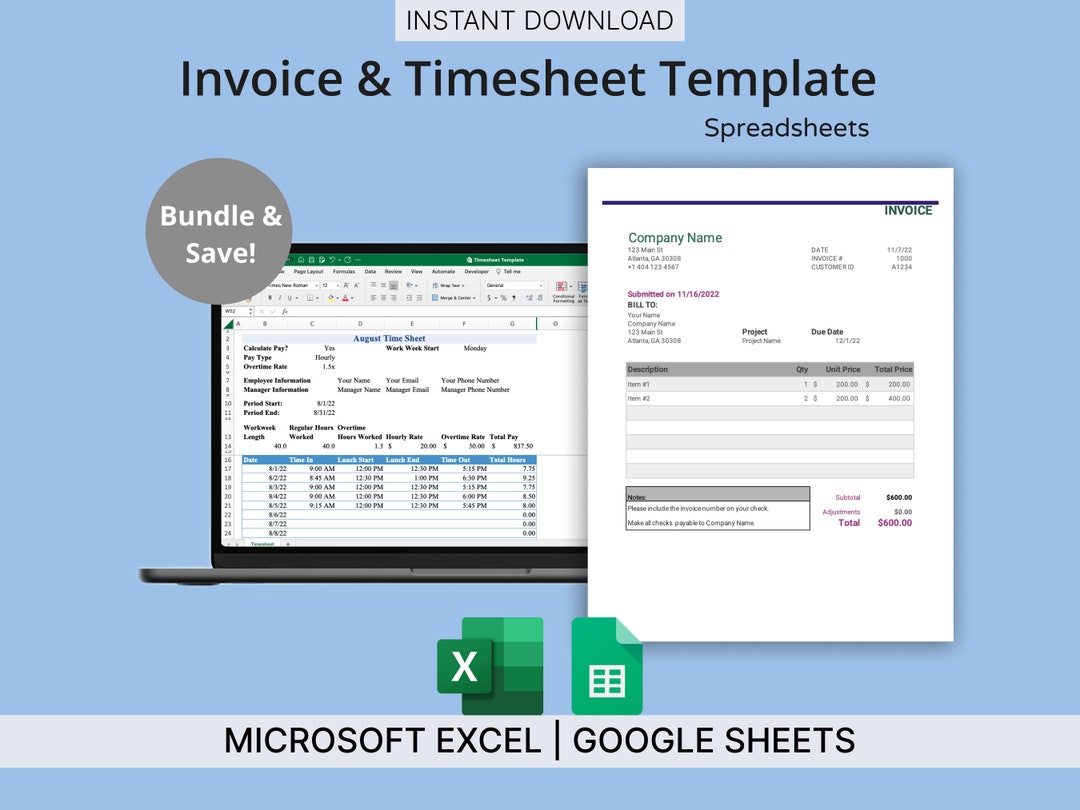Invoice & Timesheet Templates for Microsoft Excel/google Sheets ...
