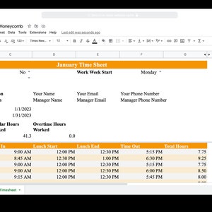 Monthly Timesheet Template for Microsoft Excel & Google Sheets orange Track Hours Worked Dynamic ...