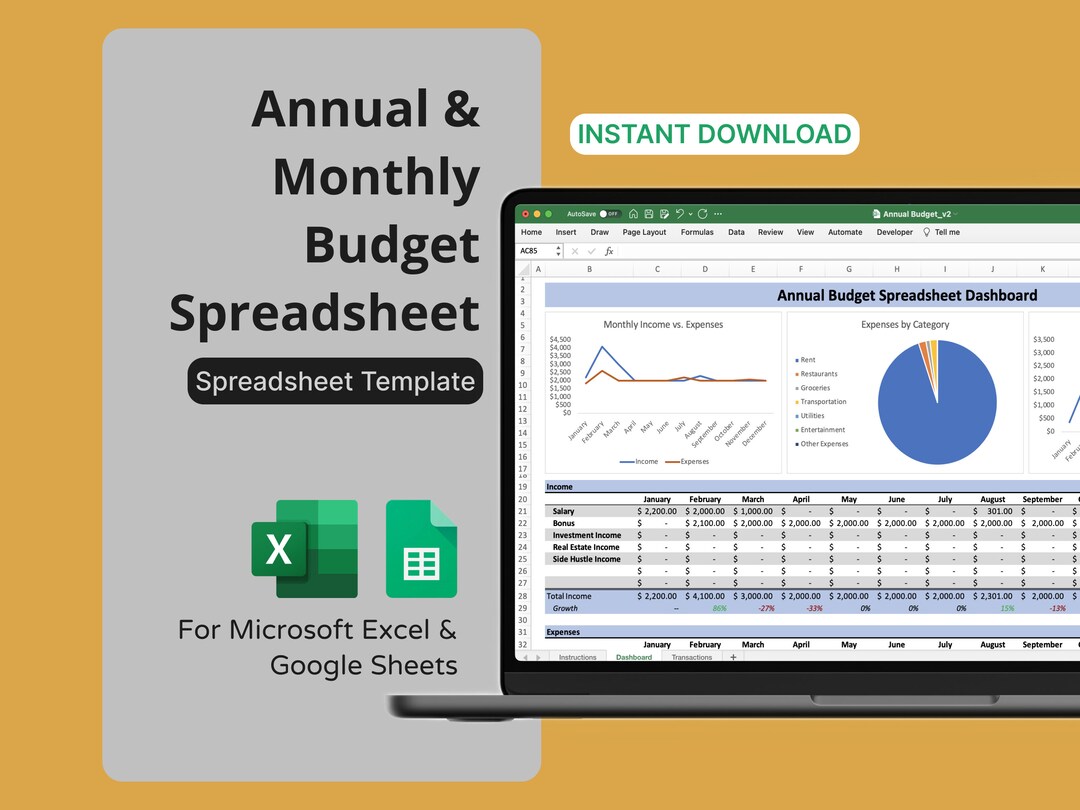 Annual & Monthly Budget Spreadsheet for Microsoft Excel / Google Sheets ...