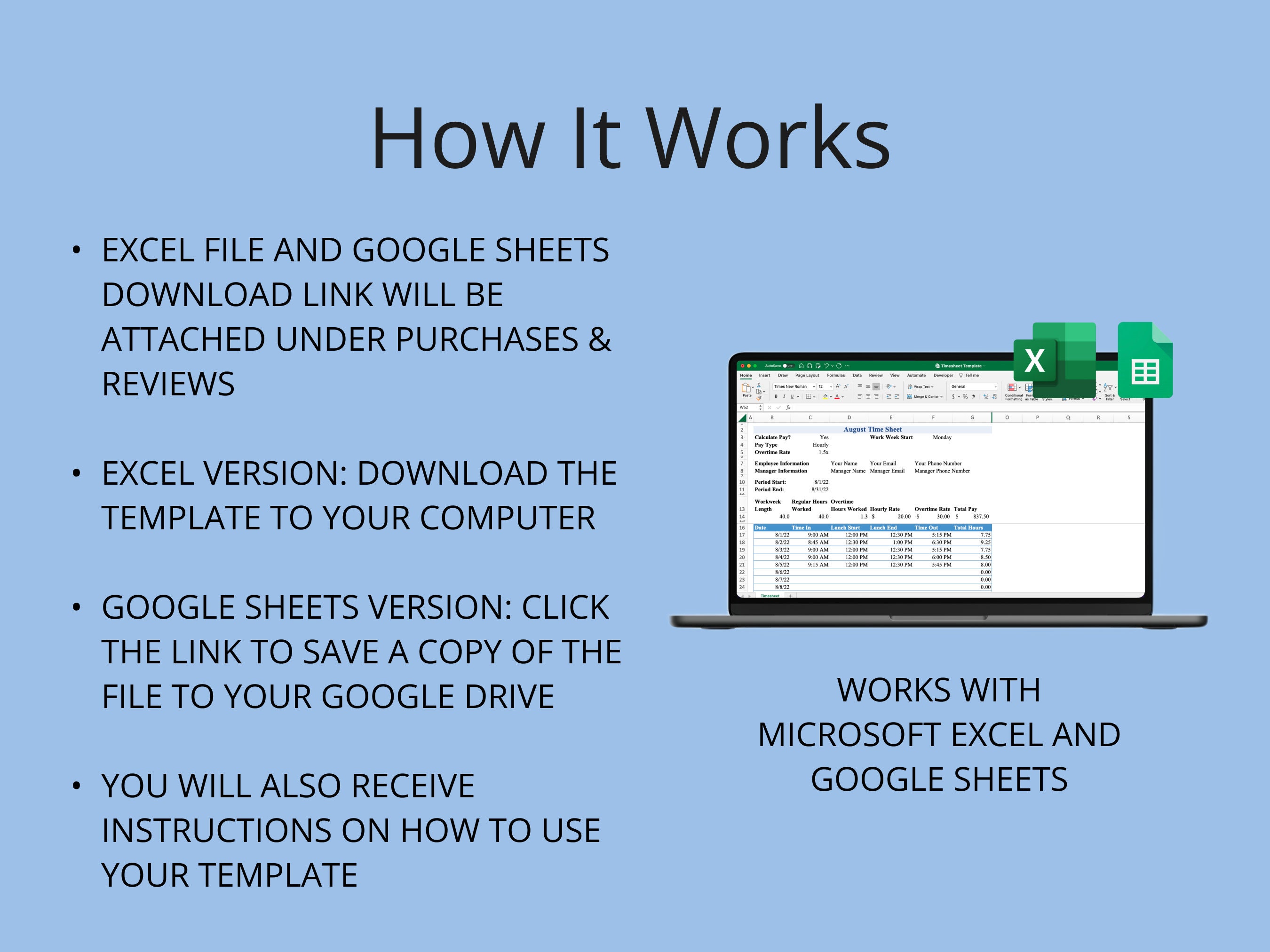Monthly Timesheet Template for Microsoft Excel & Google Sheets blue ...