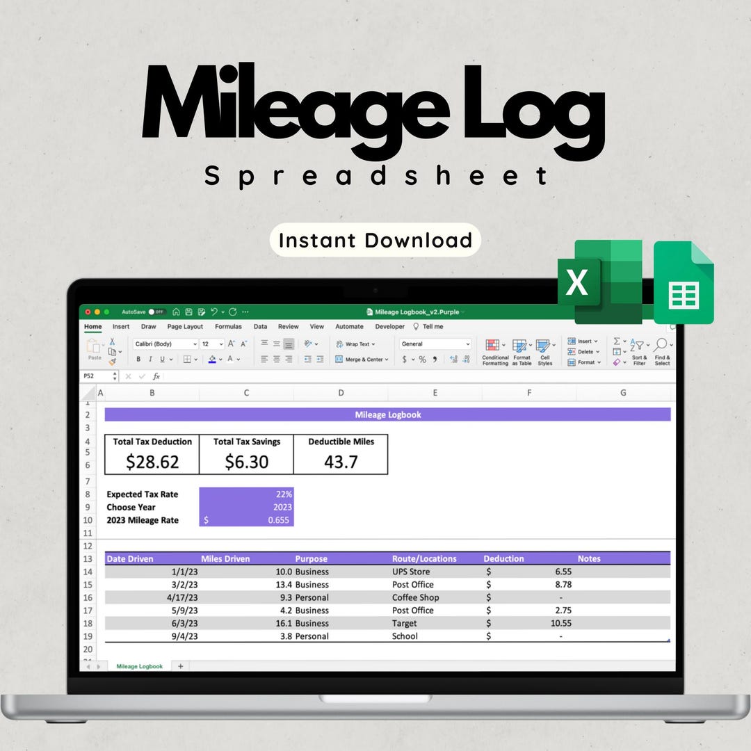 Mileage Log Template (purple) | Excel & Google Sheets | Track Business ...