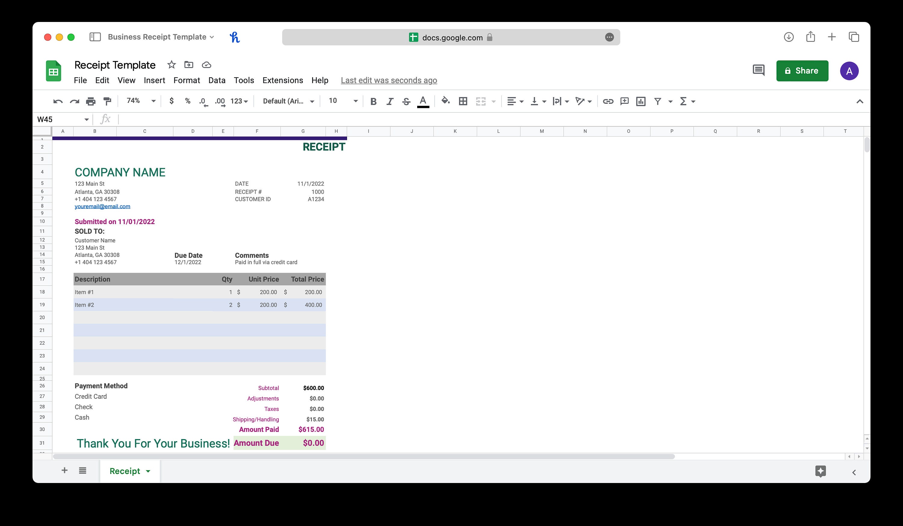 Business Invoice & Receipt Template for Microsoft Excel/google Sheets ...