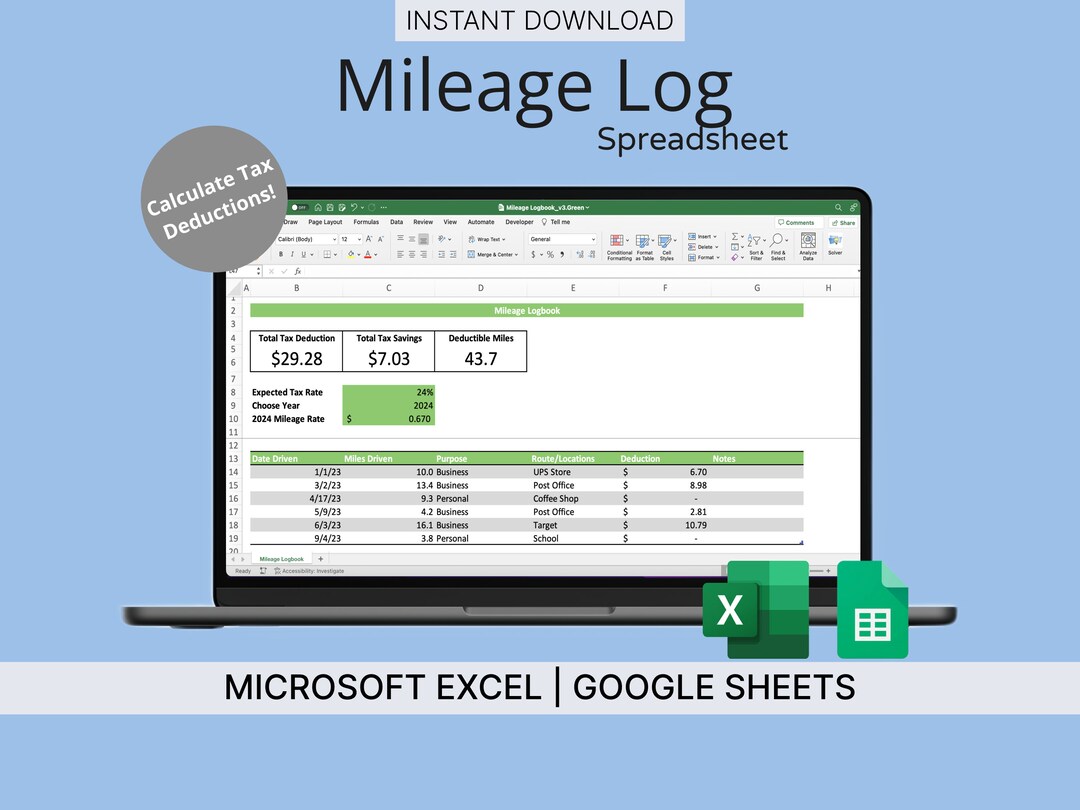 Mileage Log Template green for Microsoft Excel & Google Sheets Small ...