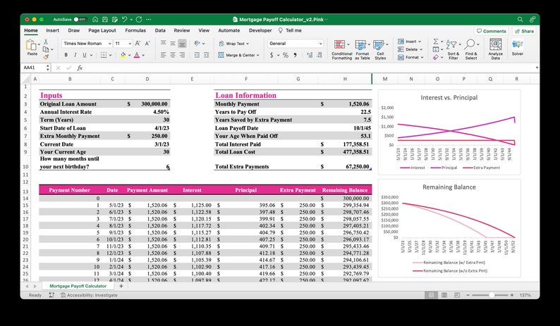 Mortgage Payoff Calculator Spreadsheet (pink) - Mortgage Tracker for ...