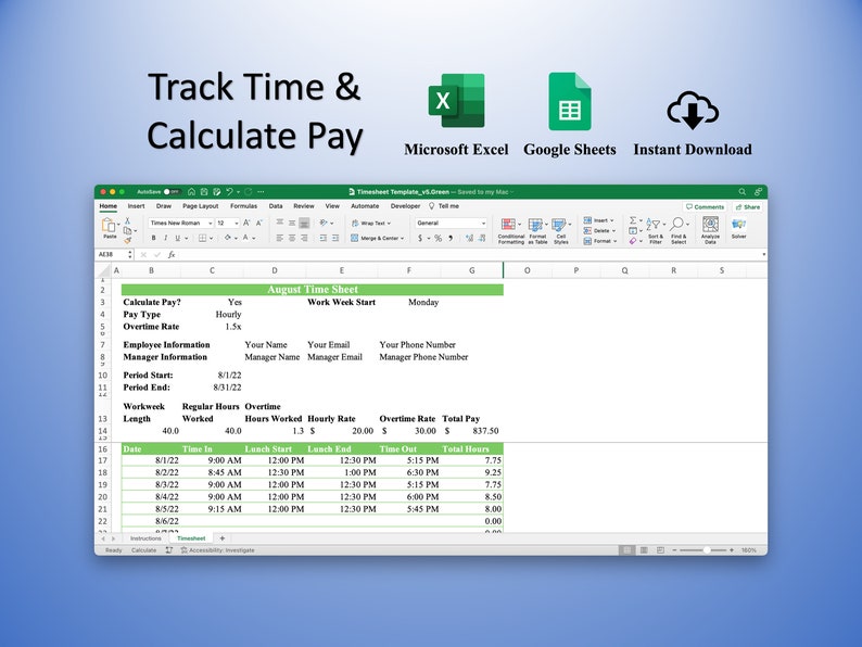 Monthly Timesheet Template for Microsoft Excel & Google Sheets (green ...