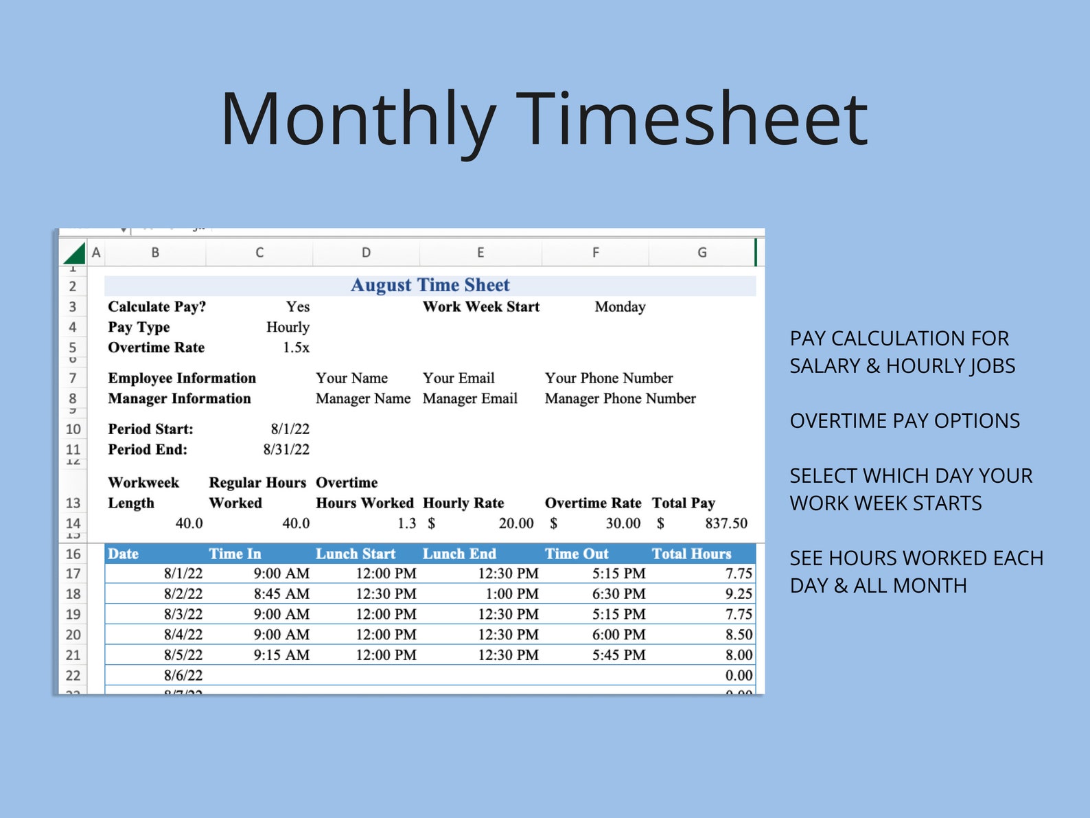 Monthly Timesheet Template for Microsoft Excel & Google Sheets blue ...