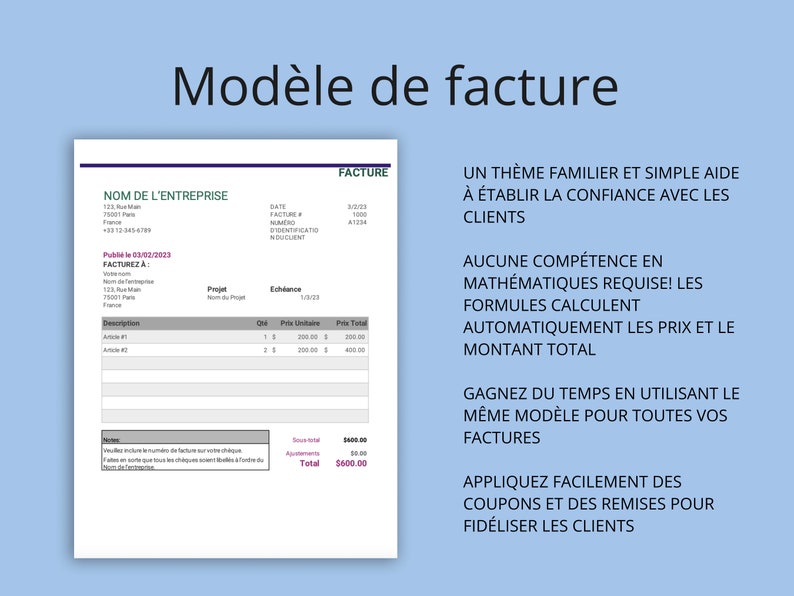 Modèle De Facture Pour Microsoft Excel Et Google Sheets - Modèle Facile ...