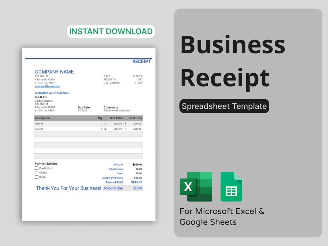 Business Receipt Template for Microsoft Excel & Google Sheets (blue ...
