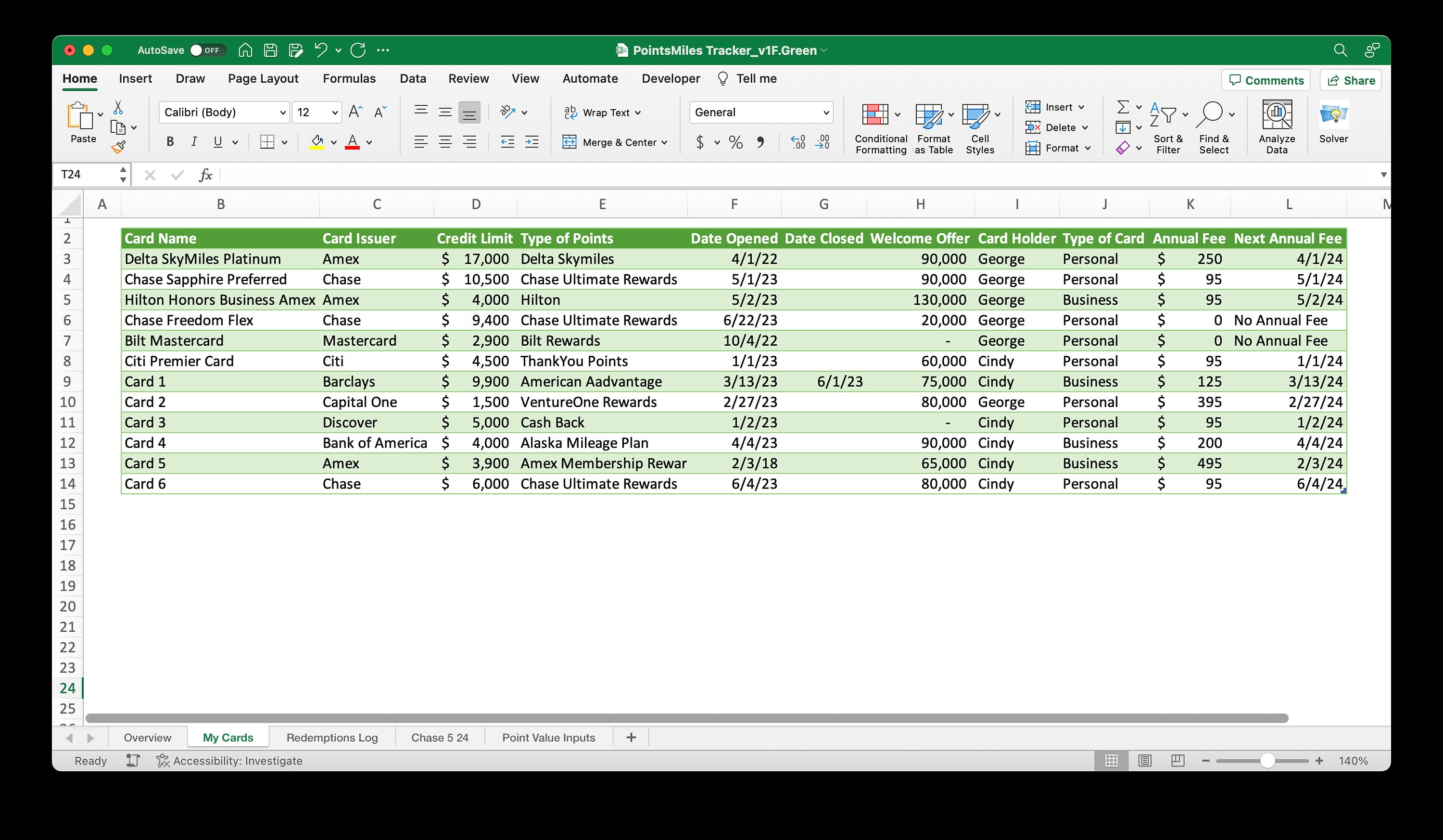 Credit Card Points & Miles Tracker Travel Hacking Spreadsheet Optimize ...