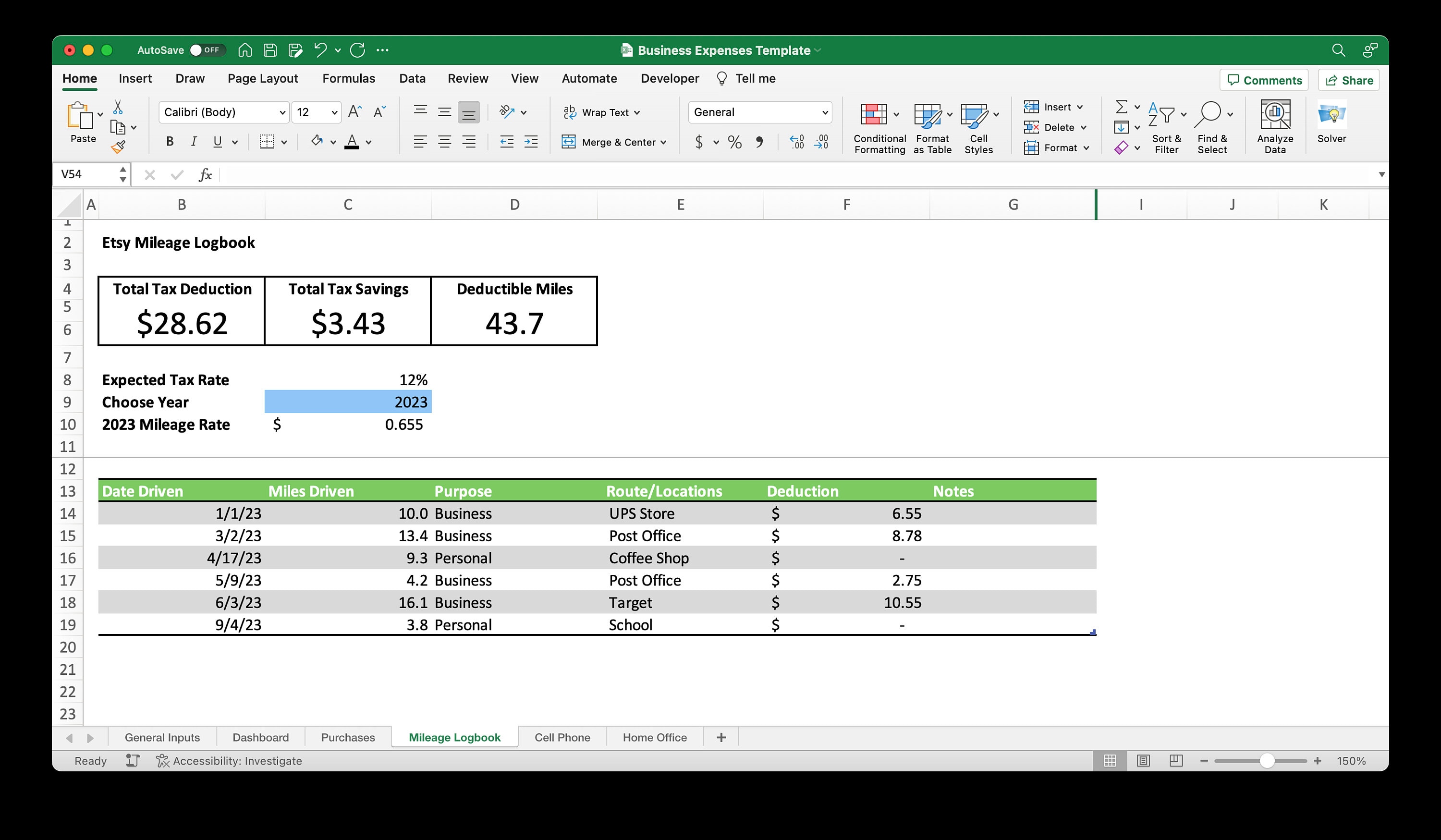 Business Expense Tracker Spreadsheet (2026) - Expenses, Mileage Log ...