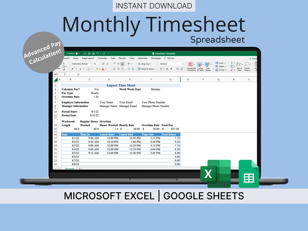 Monthly Timesheet Template for Microsoft Excel & Google Sheets blue ...