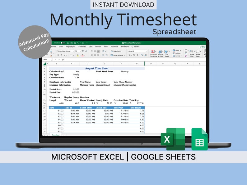 Monthly Timesheet Template for Microsoft Excel & Google Sheets blue ...