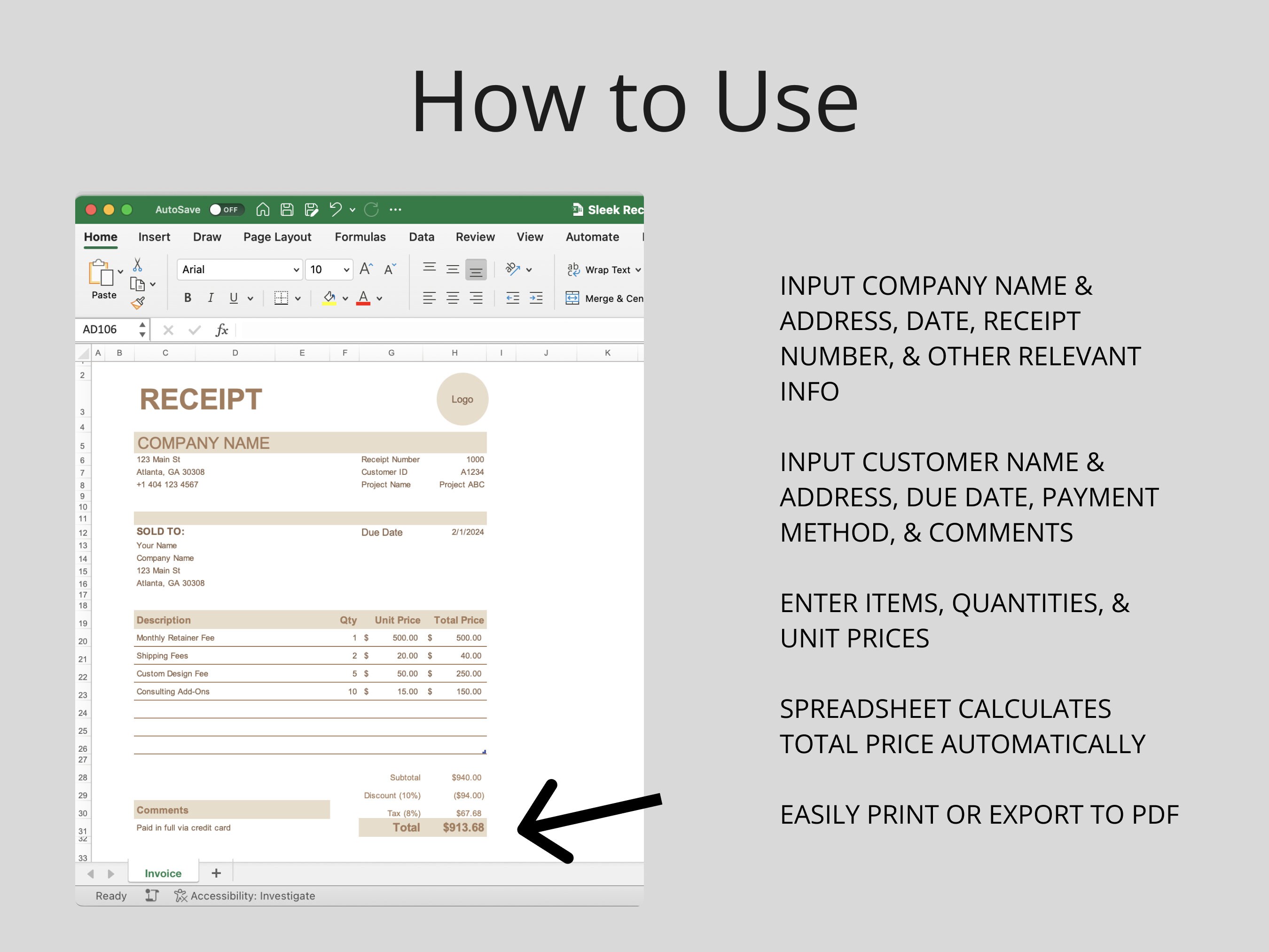 Invoice & Receipt Templates for Microsoft Excel/google Sheets Business ...