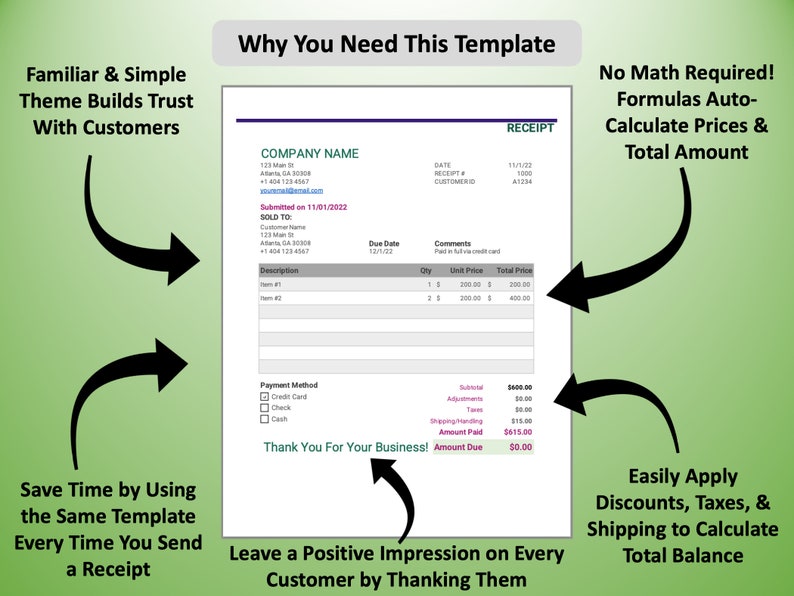 Business Receipt Template for Microsoft Excel & Google Sheets - Easy to ...