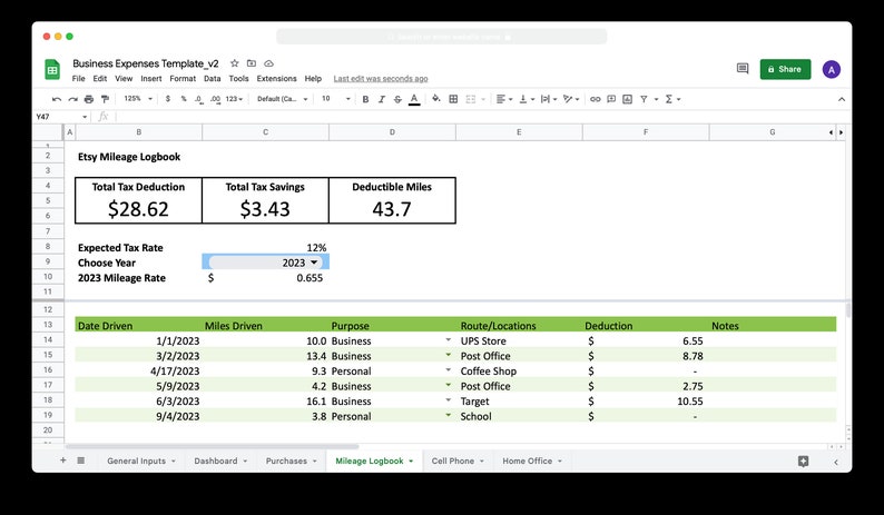Business Expense Tracker Spreadsheet (2025) - Expenses, Mileage Log ...