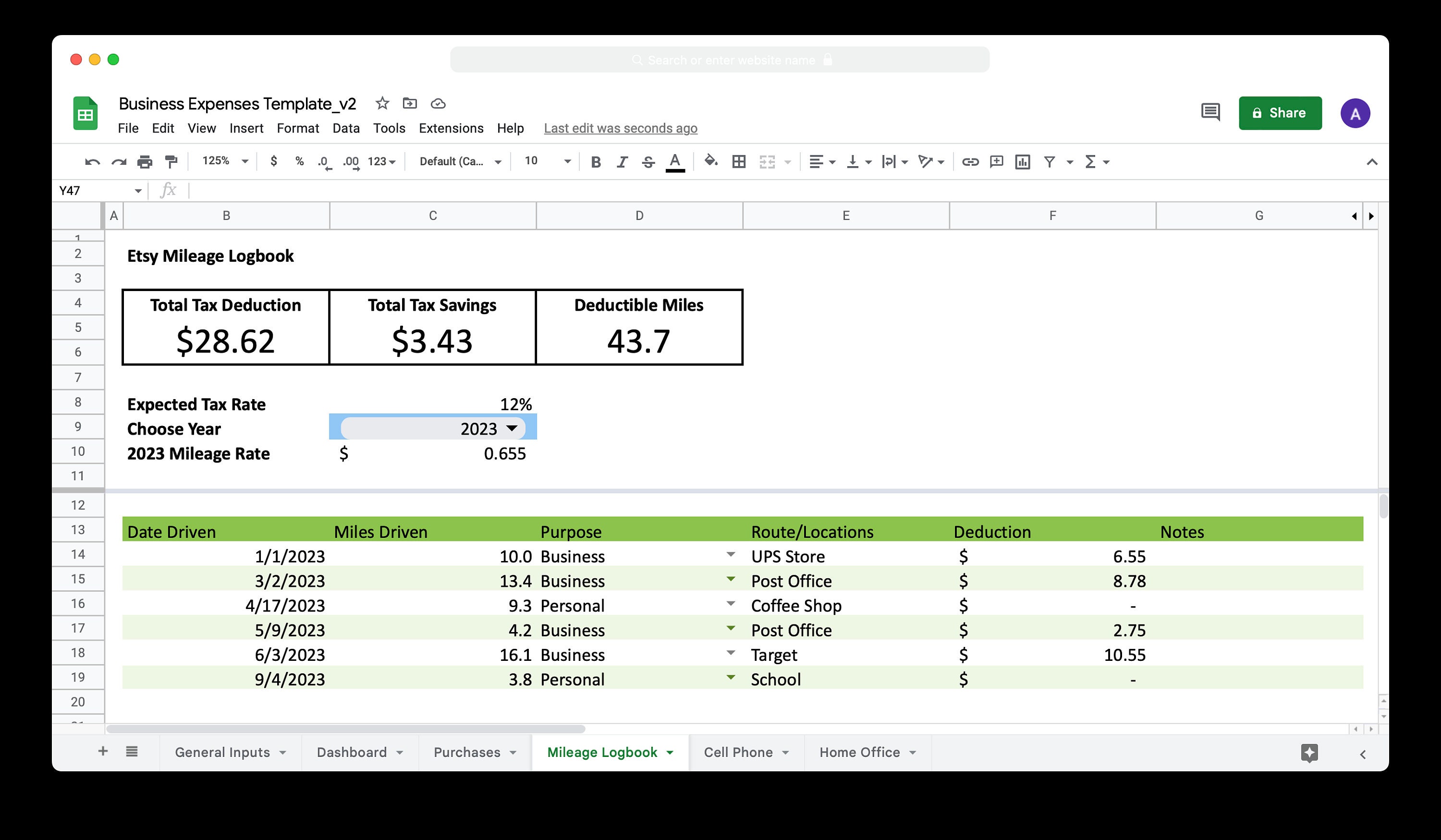 Business Expense Tracker Spreadsheet (2025) - Expenses, Mileage Log ...