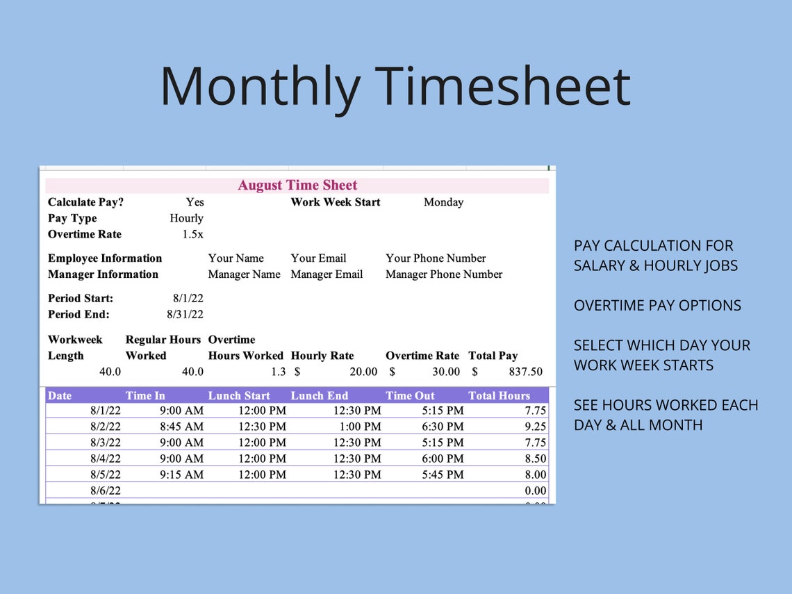 Monthly Timesheet Template for Microsoft Excel & Google Sheets pink ...
