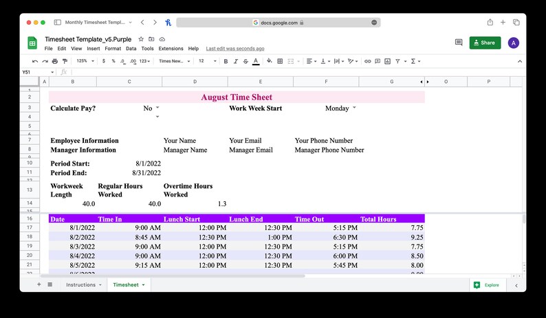 Monthly Timesheet Template for Microsoft Excel & Google Sheets (pink ...