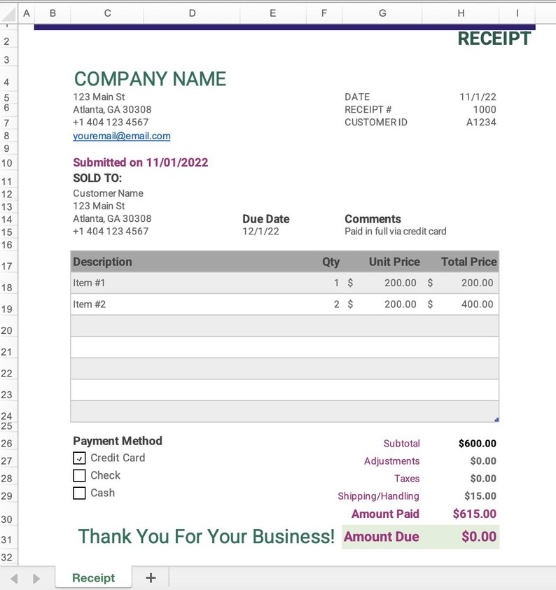 Business Receipt Template | Microsoft Excel & Google Sheets | Printable ...