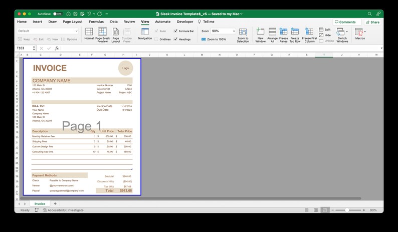 Business Invoice Template for Microsoft Excel & Google Sheets tan Easy ...