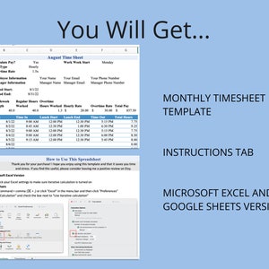 Monthly Timesheet Template for Microsoft Excel & Google Sheets blue ...