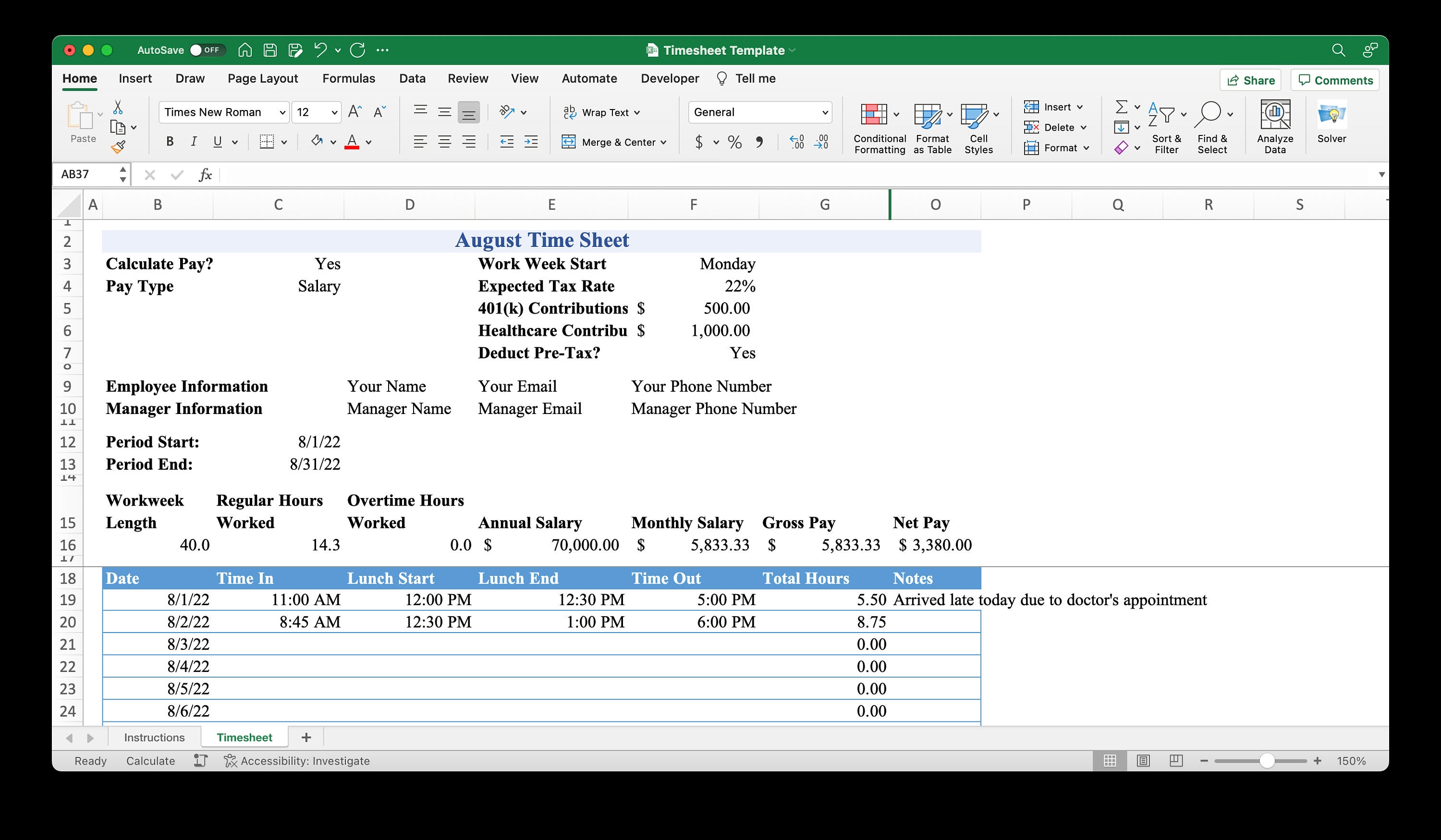 Enhanced Monthly Timesheet Template for Microsoft Excel & Google Sheets ...