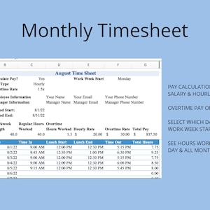 Monthly Timesheet Template for Microsoft Excel & Google Sheets blue ...