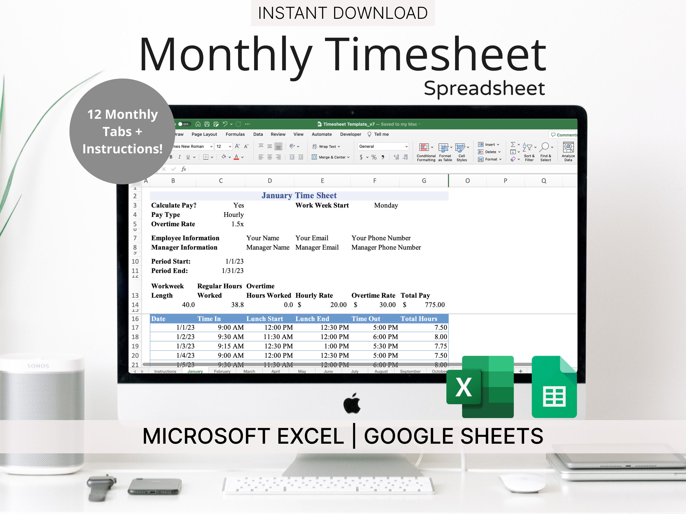 Monthly Timesheet Template for Microsoft Excel & Google Sheets - Etsy