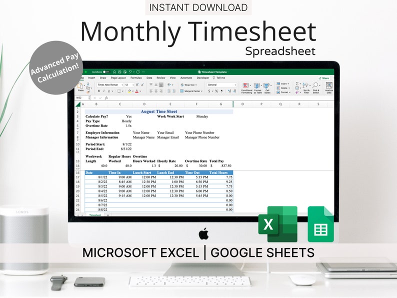 Monthly Timesheet Template for Microsoft Excel & Google Sheets blue ...