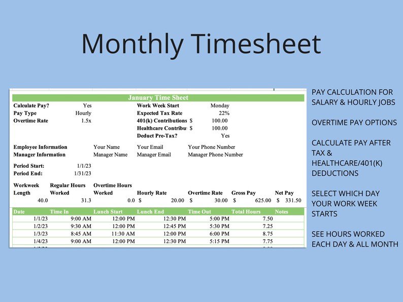 Enhanced Monthly Timesheet Template for Microsoft Excel & Google Sheets ...