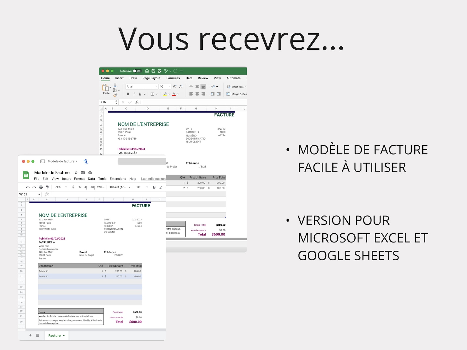 Modèle De Facture Pour Microsoft Excel Et Google Sheets - Modèle Facile ...