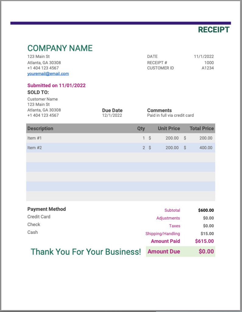 Business Receipt Template for Microsoft Excel & Google Sheets - Easy to ...