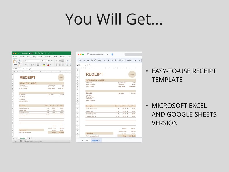 Business Receipt Template for Microsoft Excel & Google Sheets (tan ...